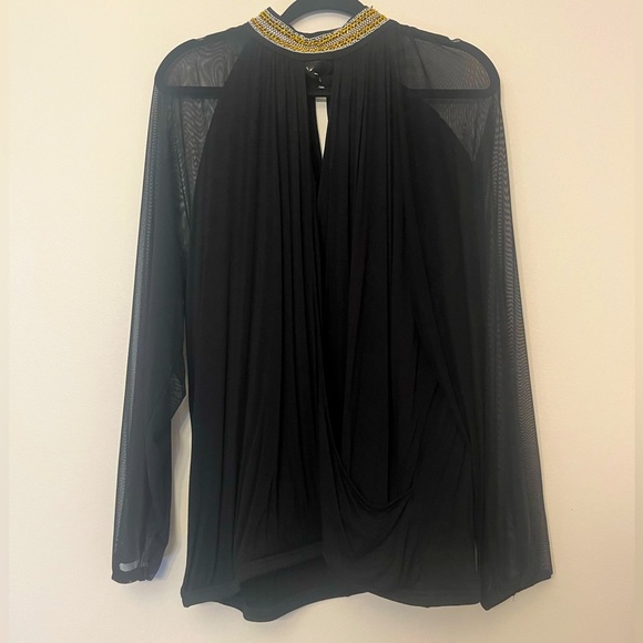 VENUS | Tops | Black Top With Sheer Sleeves And Gold And Silver ...